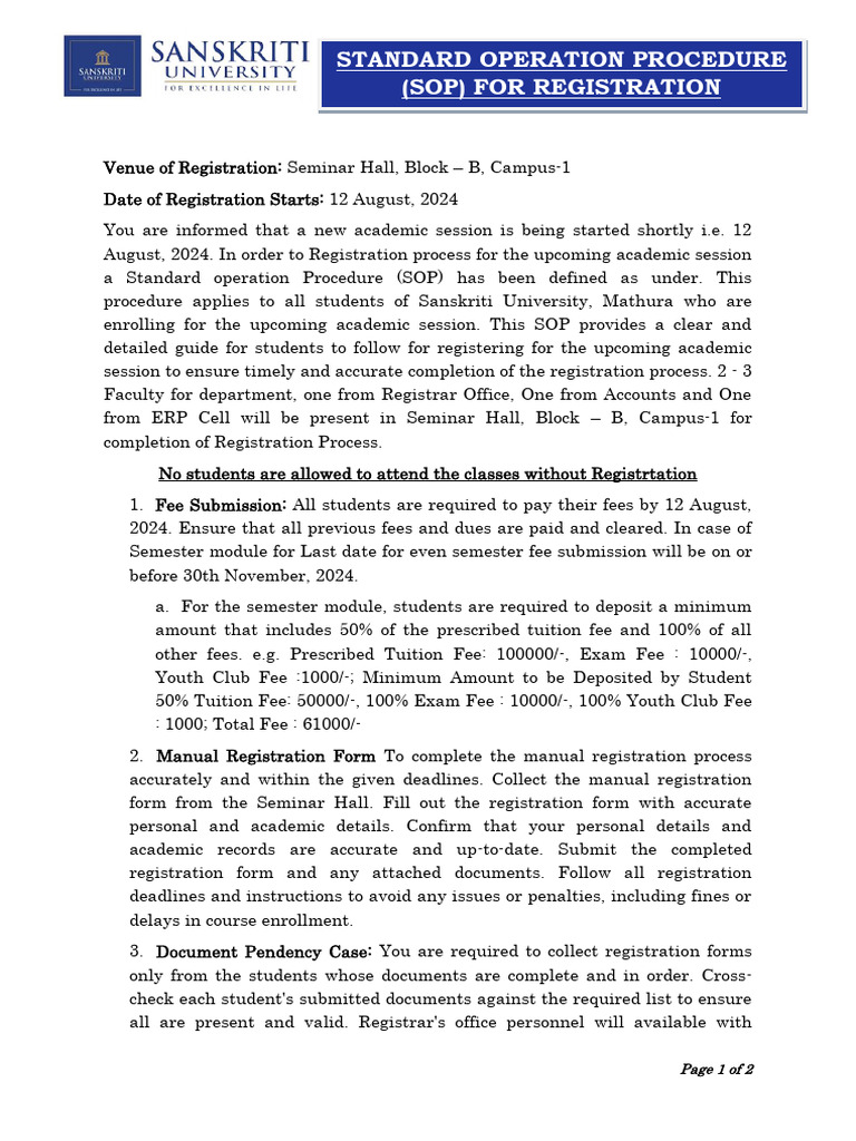 SOP for Student Registration 2024 | PDF