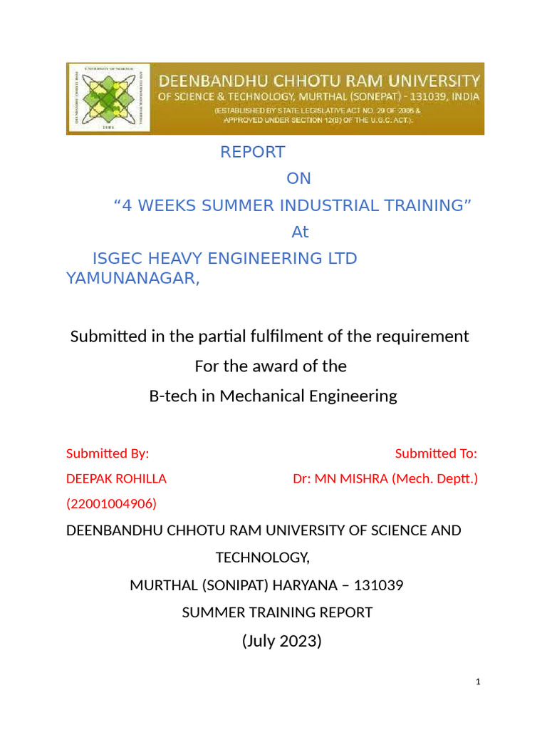 ON "4 Weeks Summer Industrial Training" at Isgec Heavy Engineering LTD Yamunanagar | PDF ...