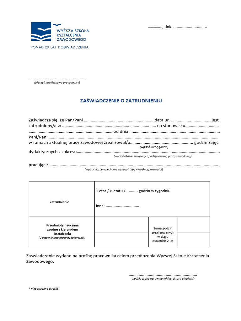 Pedagogika Specjalna-Zaswiadczenie o Aktualnym Zatrudnieniu | PDF