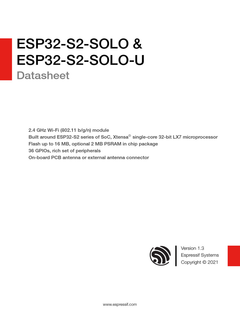 Esp32 s2 Solo - Esp32 s2 Solo U - Datasheet - en | PDF | Embedded System | Usb