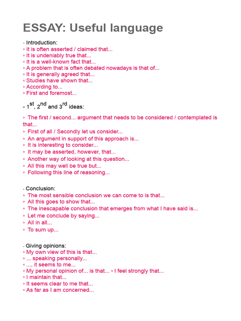 Essential Language for Essay Writing | PDF
