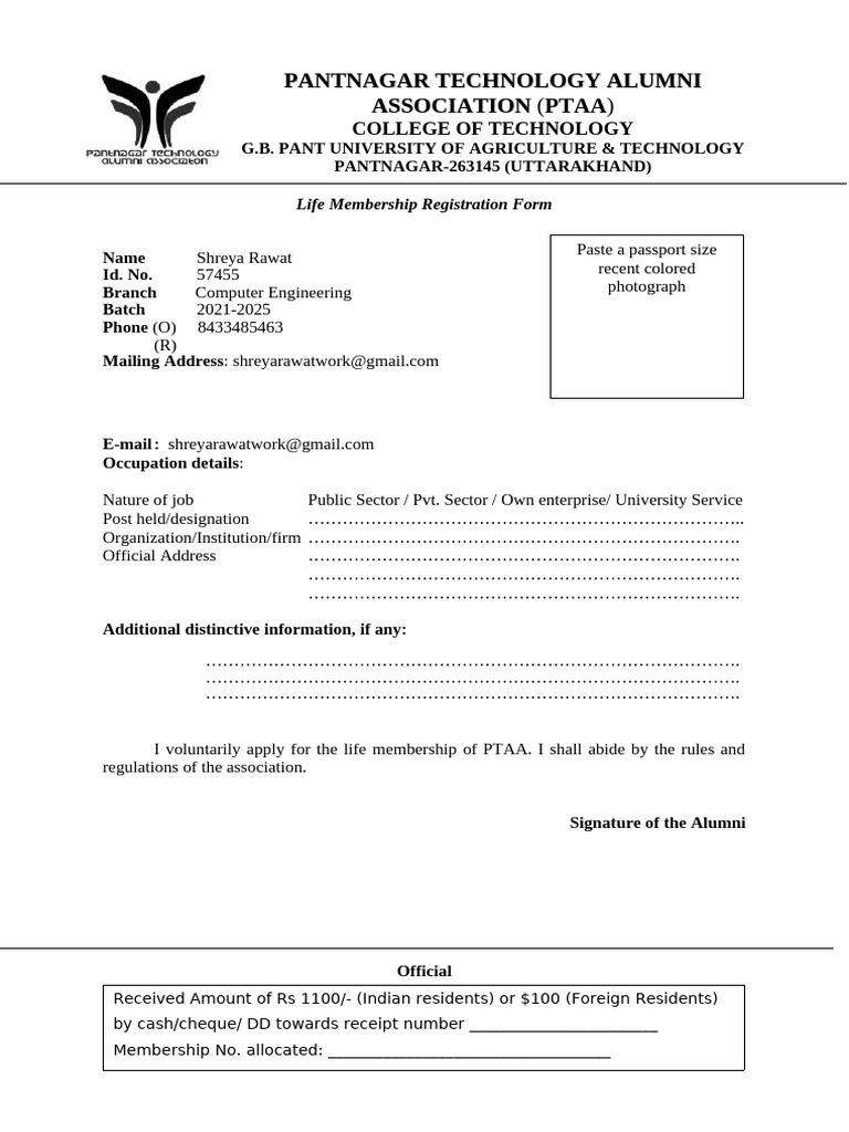 PTAA Life Membership Form | PDF