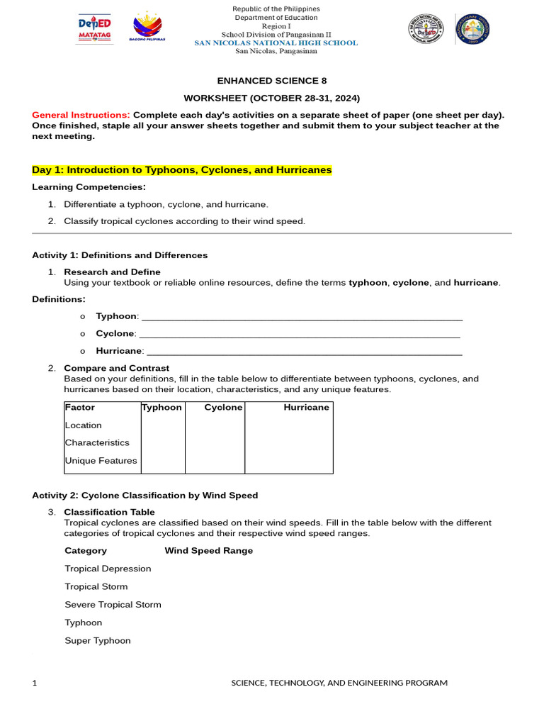 Typhoon Lecture Ste 8 Worksheet | PDF | Tropical Cyclones | Tropical ...