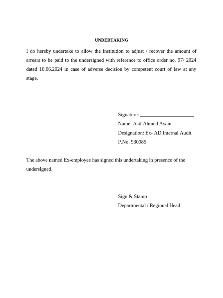 Ex-Employee Arrears Undertaking | PDF