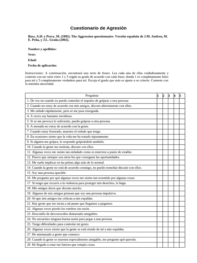 Cuestionario de Agresión: Evaluación Personal | PDF