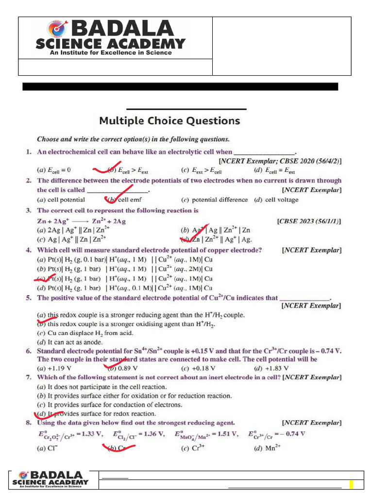 MCQ Electrochemistry&chemical Kinetics | PDF
