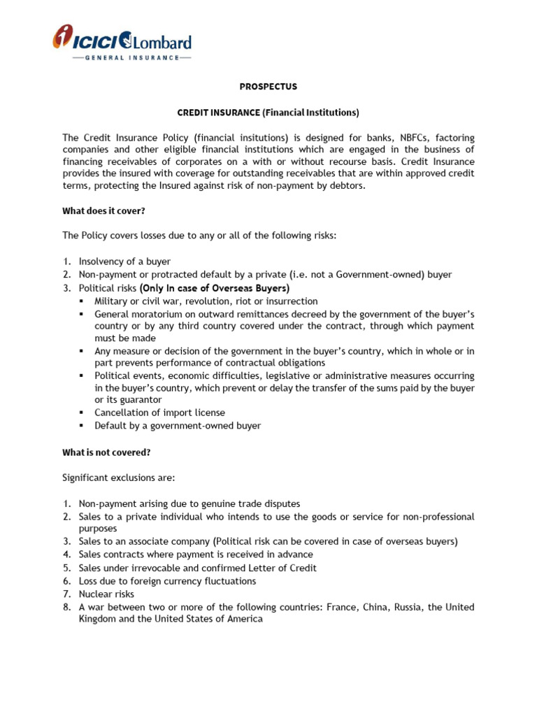 ICICI Lombard Credit Insurance Prospectus | PDF | Insurance | Credit
