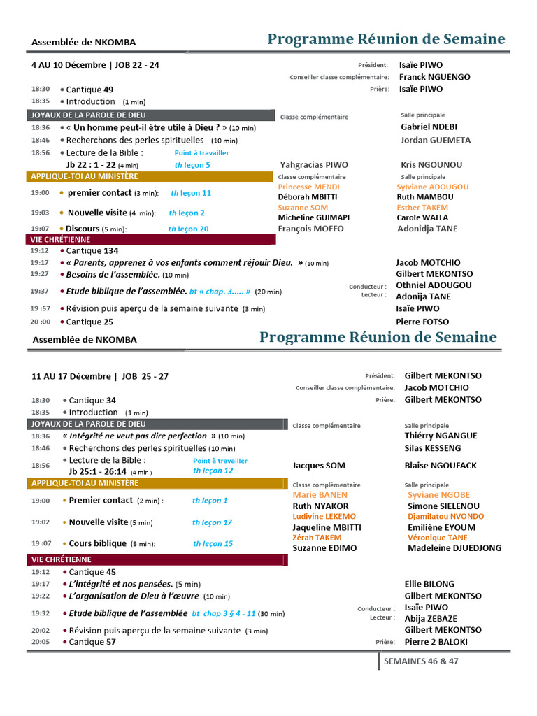 Programme Réunion Semaine NKOMBA | PDF
