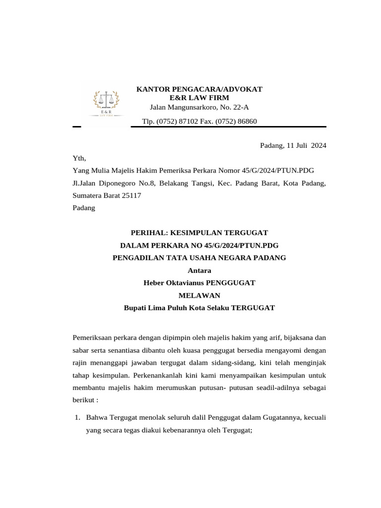 Contoh Kesimpulan Tergugat PTUN | PDF