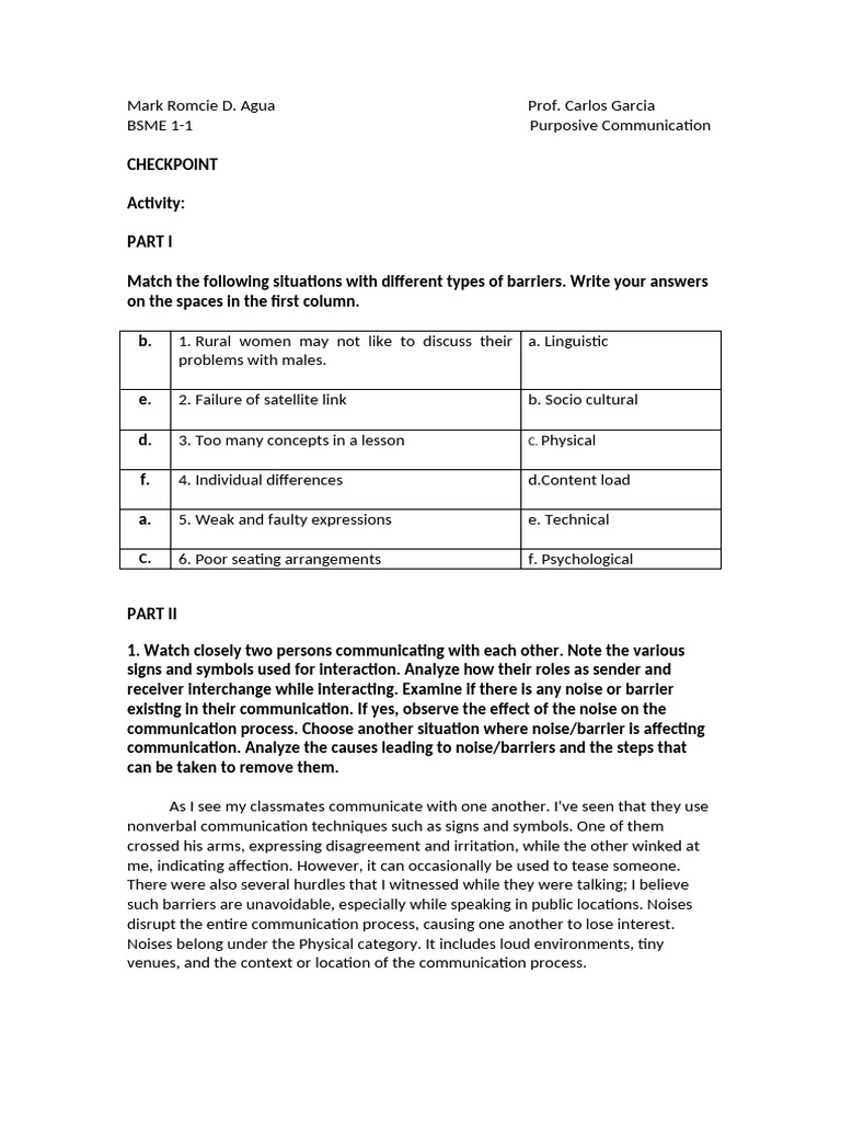 Checkpoint Activity - Agua, Mark Romcie D. - BSME 1-1 - Purposive ...