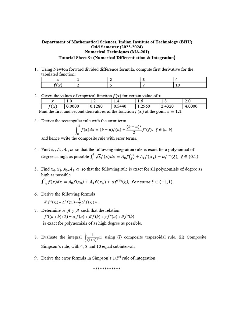Tutorial Sheet 9 | PDF | Integral | Mathematical Concepts