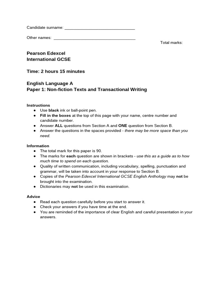 E1 Paper 1 Example Showing Exam Layout. | PDF | Writing | Human ...