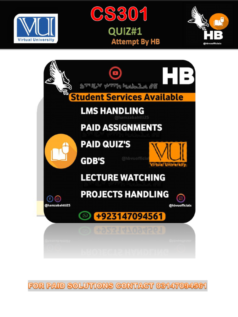 CS301 QUIZ#1 by HB (@studywithhamza25) - 2 | PDF | Queue (Abstract Data Type) | Integer ...