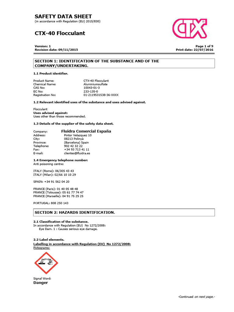 CTX-40 Flocculant Safety Data Sheet | PDF | Personal Protective ...