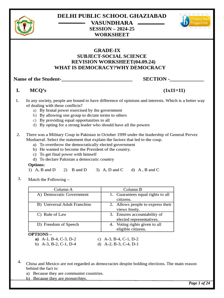 Revision Worksheet On What Is Democracy | PDF | Democracy | Political ...