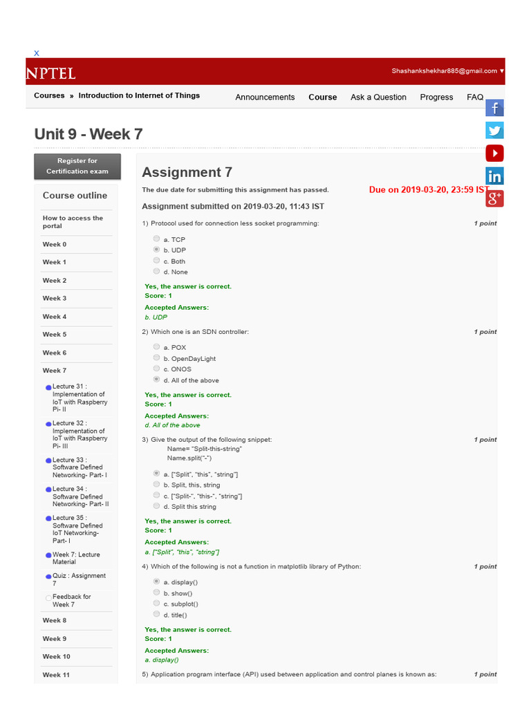 Introduction to Internet of Things - - Unit 9 - Week 7 | PDF | Network Socket | Internet Protocols