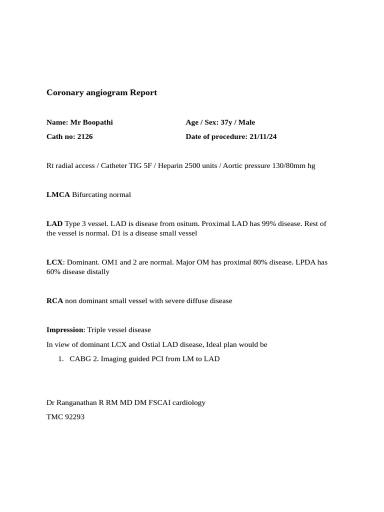 Coronary Angiogram Report Summary | PDF