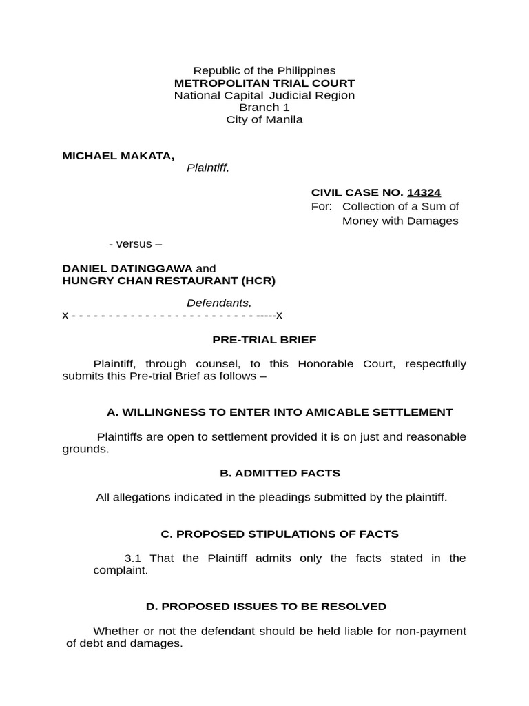 Pre-Trial Brief | PDF | Discovery (Law) | Settlement (Litigation)