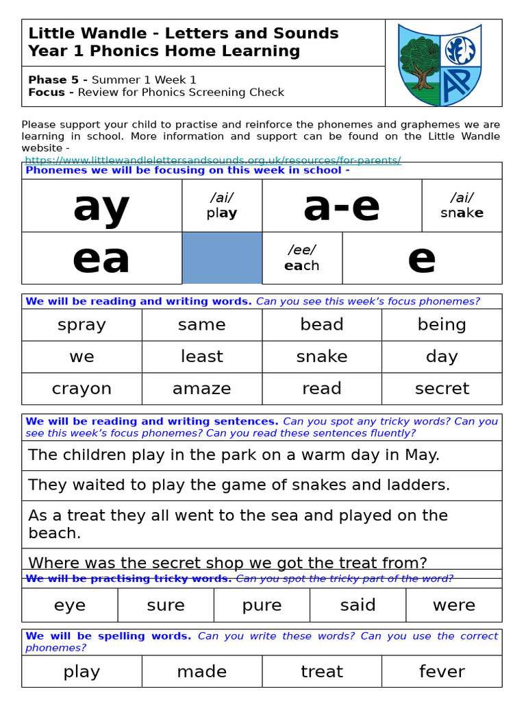 Phonics Home Learning Year 1 Summer 1.341421585 | PDF | Phonics | Phoneme