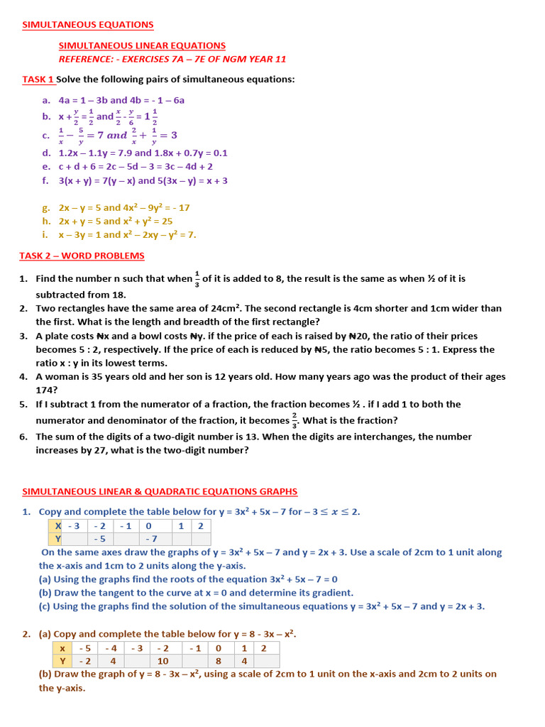 Simultaneous Linear & Quadratic Equations Graphs | PDF | Mathematical ...