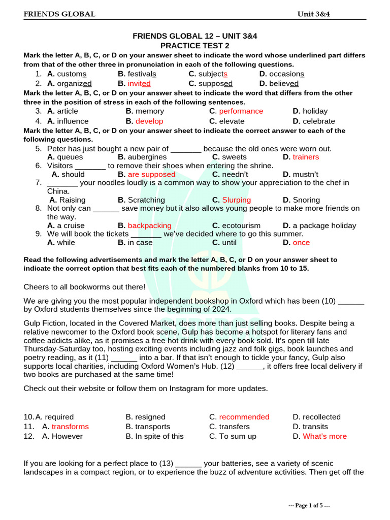 FRIENDS GLOBAL Unit 3&4 Practice Test | PDF | Native Americans In The ...
