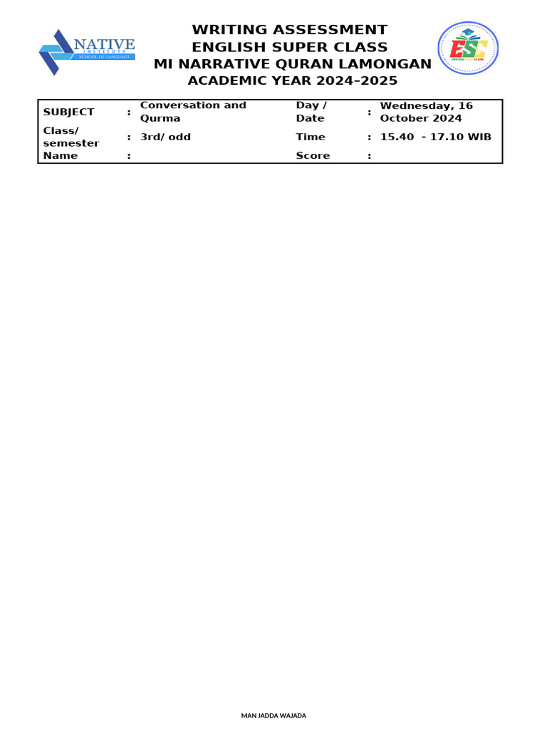 English Super Class Writing Assessment | PDF | Surah | Islamic Belief ...
