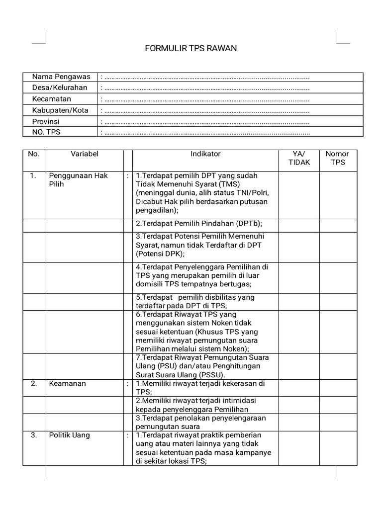 FORMULIR TPS RAWAN (PTPS) | PDF FORMULIR TPS RAWAN (PTPS) | PDF