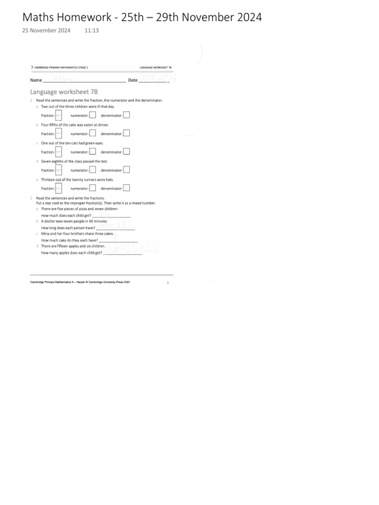 Maths Homework - 25th – 29th November 2024 | PDF