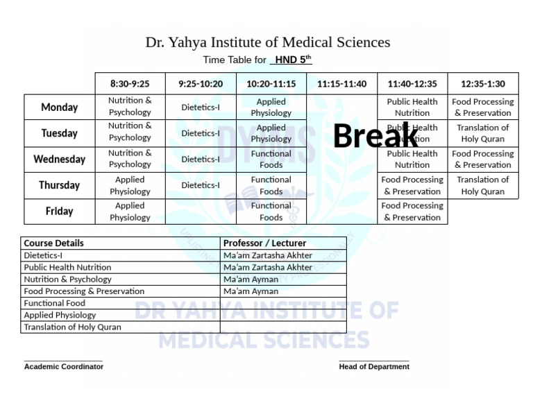 HND 5 Time Table - Dr. Yahya Institute | PDF