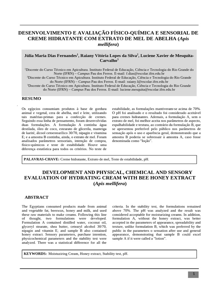 TCC Creme Hidratnate A Base de Extrato de Mel | PDF | Ph | Mel