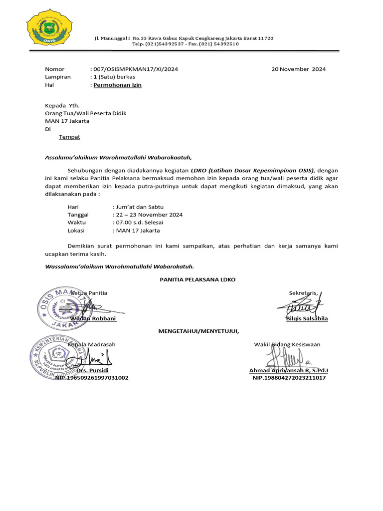Surat Izin LDKO MAN 17 Jakarta | PDF