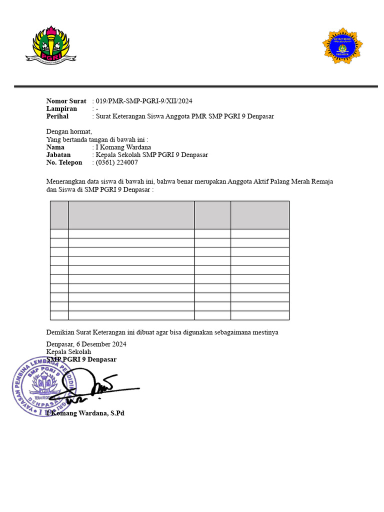 Surat Keterangan Anggota PMR Madya SMP PGRI 9 Dps | PDF