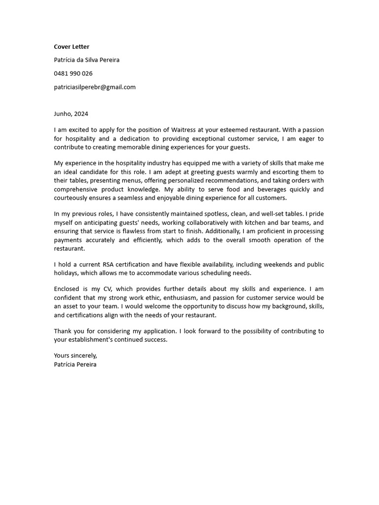 Patricia Cover Letter Waitress | PDF