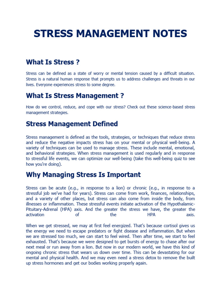 Stress Management Notes-2 | PDF | Stress (Biology) | Stress Management