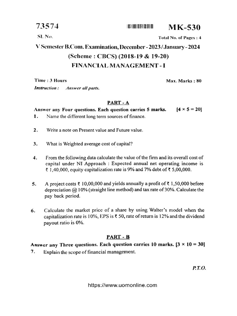Bcom 5 Sem Financial Management 1 MK 530 Jan 2024 | PDF