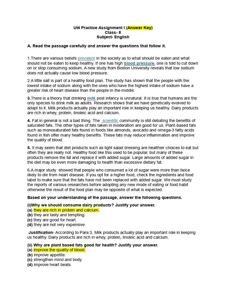 UI4 Practice Assignment I - Answer Key | PDF | Fat | Diet (Nutrition)