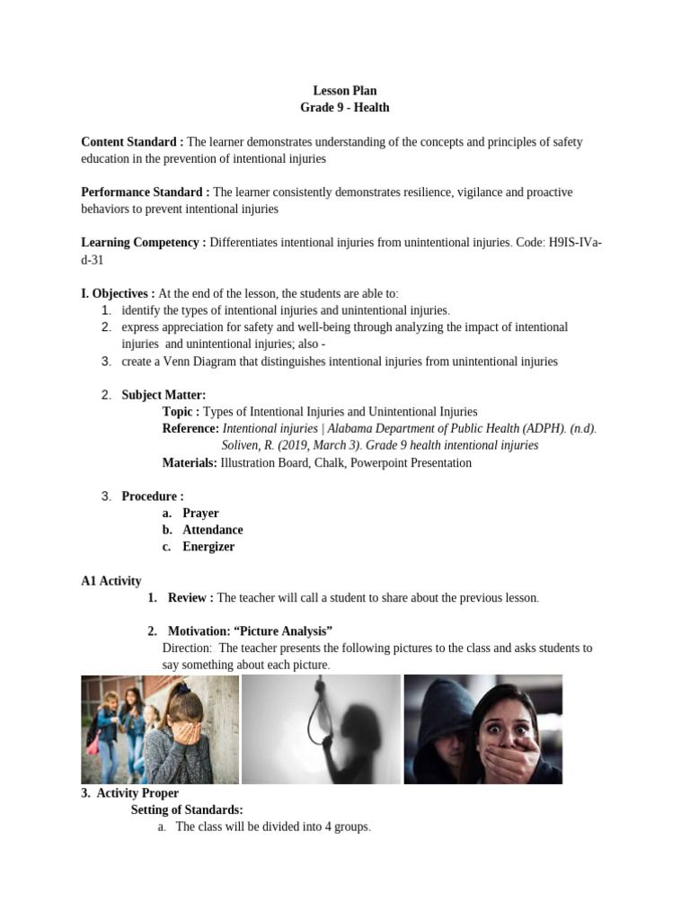 Grade 9 Health: Intentional vs. Unintentional Injuries | PDF | Bullying ...