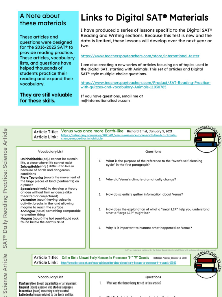 Daily SAT Reading Practice Week 1 - Michelle Rotteau | PDF | Venus ...
