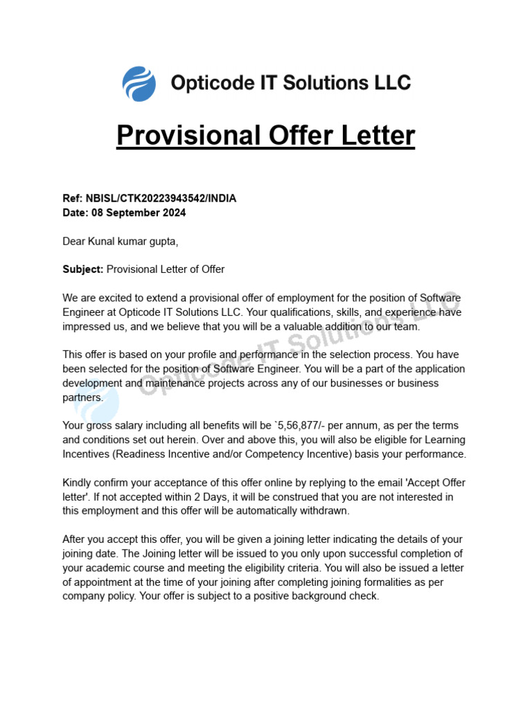 Provisional Offer Letter for Kunal Gupta | PDF | Taxes | Economies