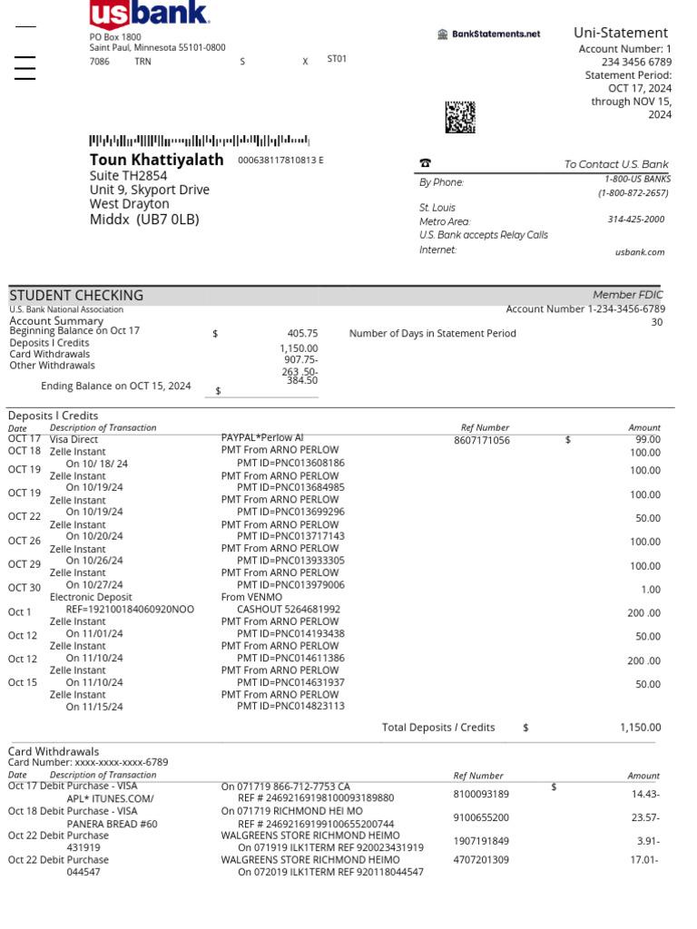 US Bank Statement BankStatements PDF | PDF | Credit Card | Debit Card