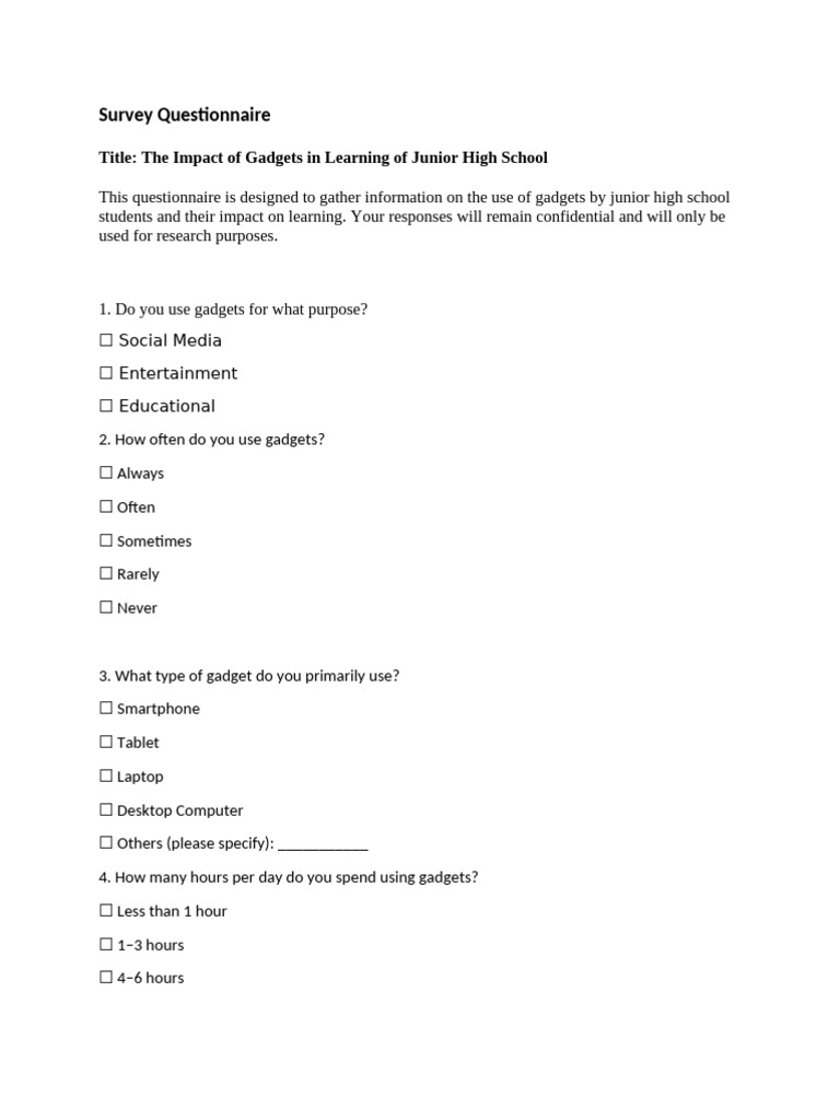 Survey Questionnaire | PDF