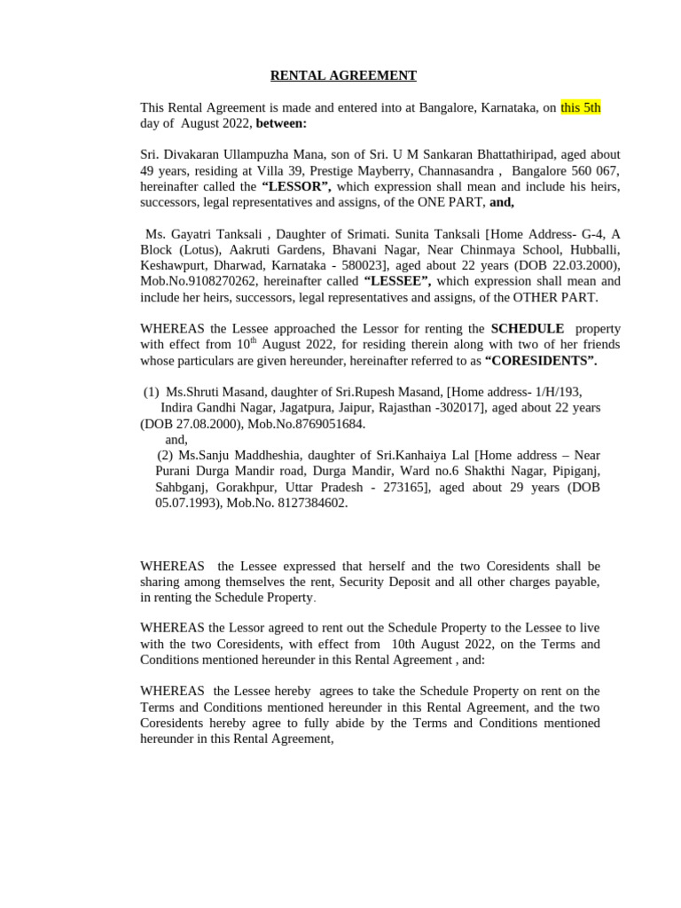 Bangalore Rental Agreement 2022 | PDF | Lease | Renting