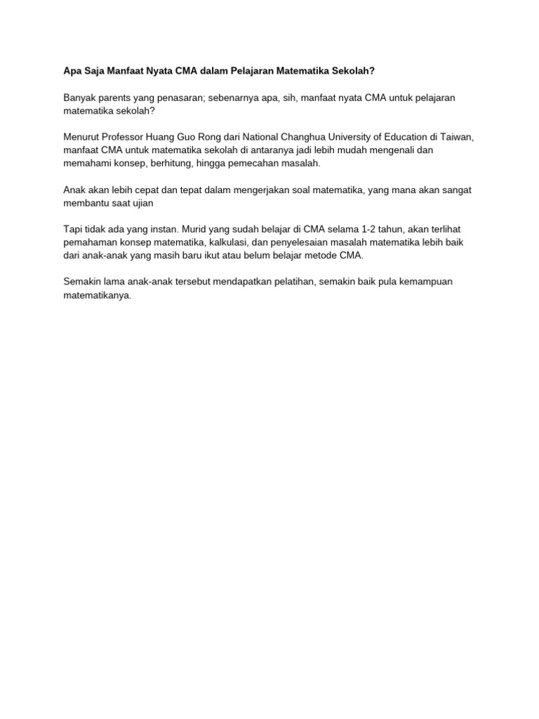 Manfaat CMA untuk Anak di Sekolah | PDF