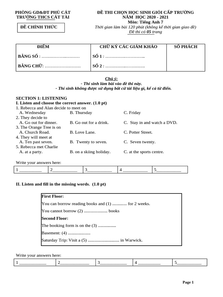 ĐỀ HSG ANH 7 2020-2021 | PDF