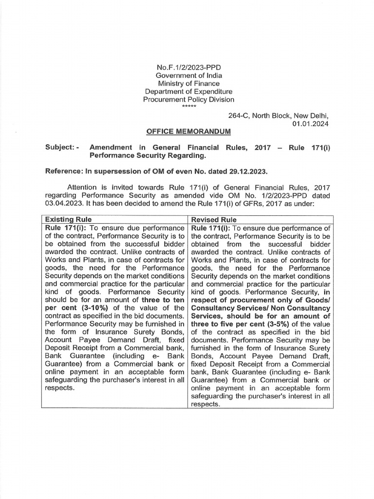 1.3 - (DoE) Amendment in GFR 2017 (Performance Security) at 01.01.2024 ...