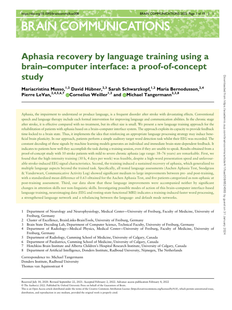 Afasia Recovery by Languaje Training Usen Open BCI Tangermann | PDF ...