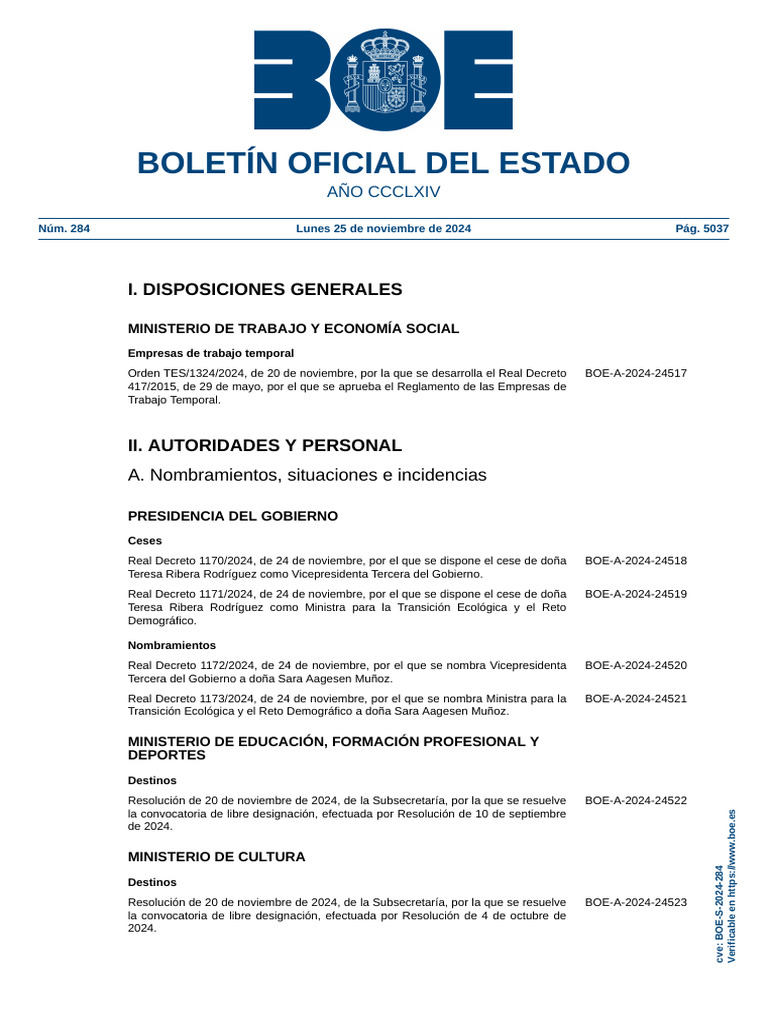 Boe S 2024 284 | PDF | España | Gobierno