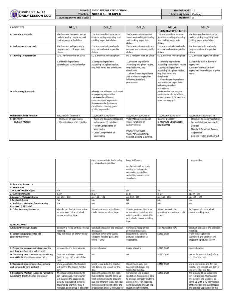 Q2 TLE 10 - FINAL | PDF | Cooking | Vegetables