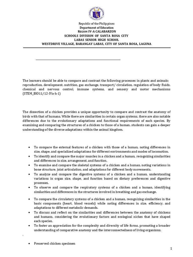 Chicken Dissection Activity Guide | PDF | Anatomy | Skeleton