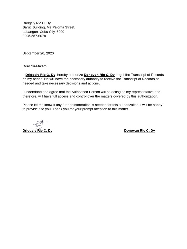 TOR AUTHORIZATION LETTER | PDF